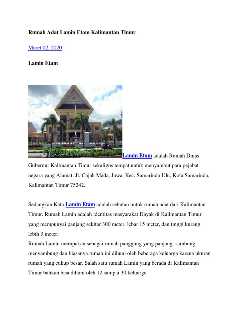 Rumah Adat Lamin Etam Kalimantan Timur | PDF