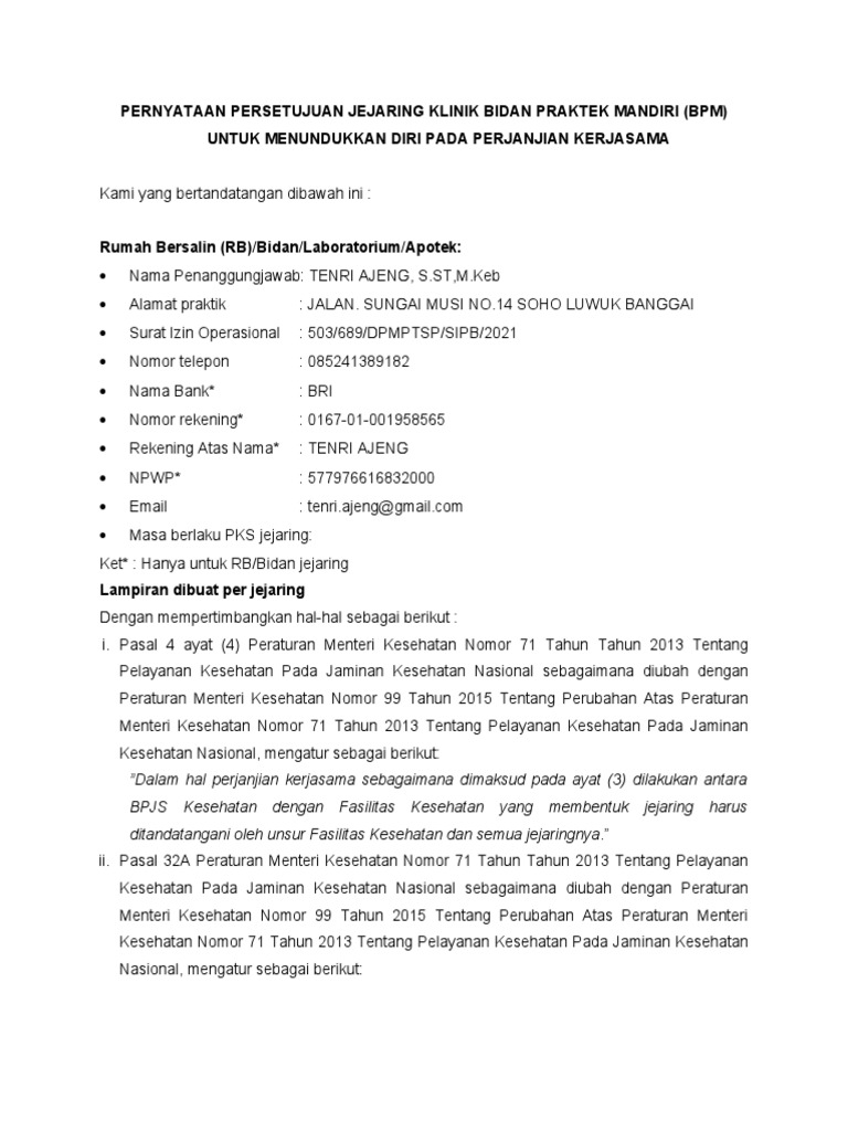 Pernyataan Persetujuan Jejaring Klinik Pratama | PDF | Pengelolaan Keuangan & Uang