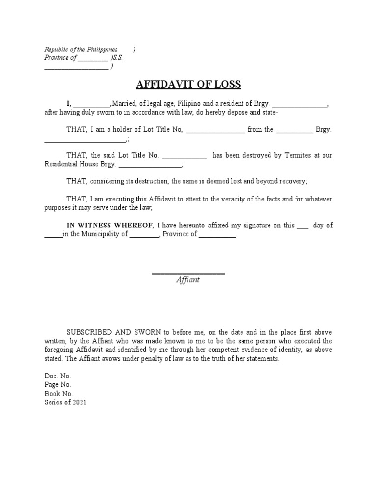 Affidavit of Loss (Lot Title) | PDF