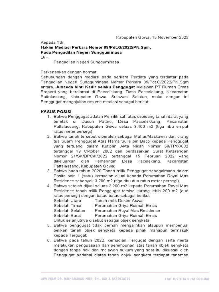 Resume Mediasi Perkara Tanah Perdata | PDF