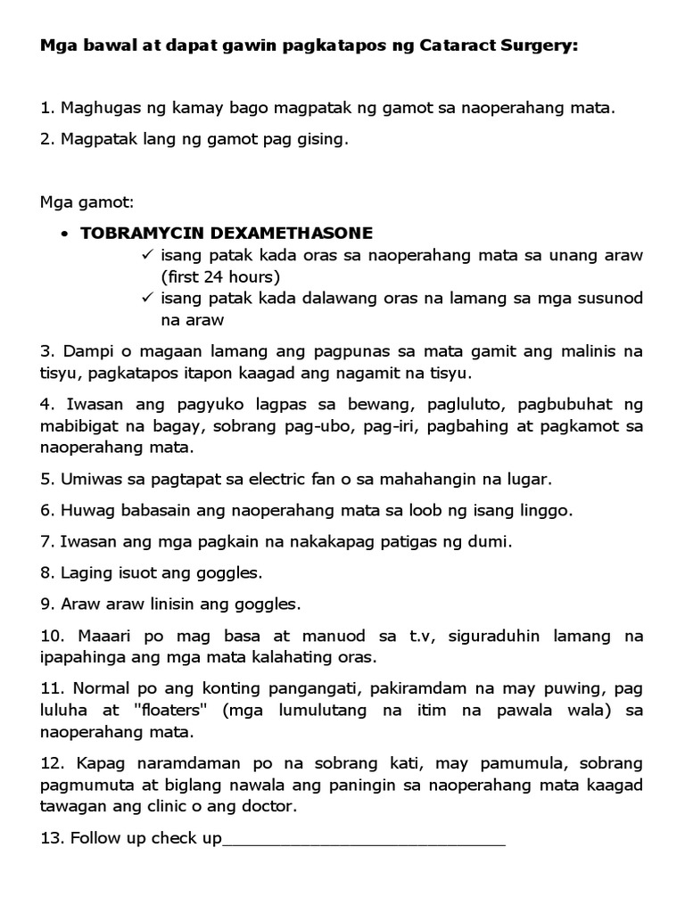 Mga Bawal at Dapat Gawin Pagkatapos NG Cataract Surgery | PDF