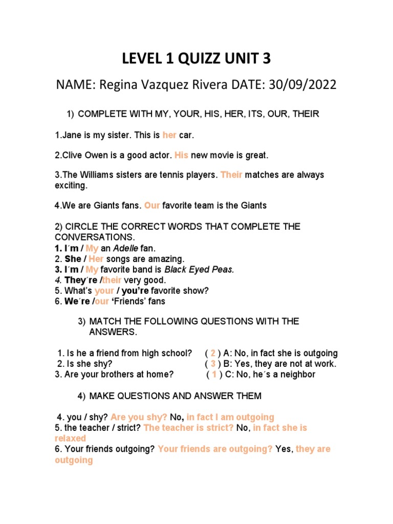 Level 1 Quiz Unit 3 | PDF