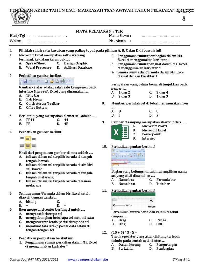 PENILAIAN AKHIR TAHUN (PAT) MATA PELAJARAN TIK KELAS 8 MADRASAH ...