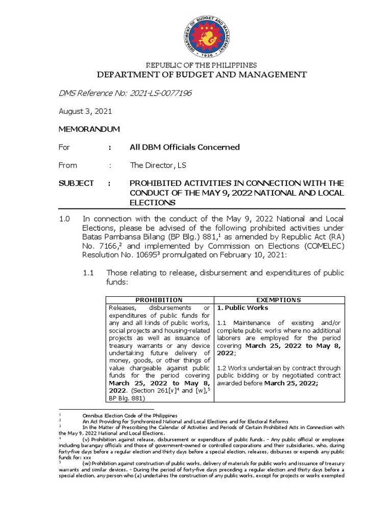 2022 National and Local Election-LS Election Ban Memorandum-FINAL | PDF ...
