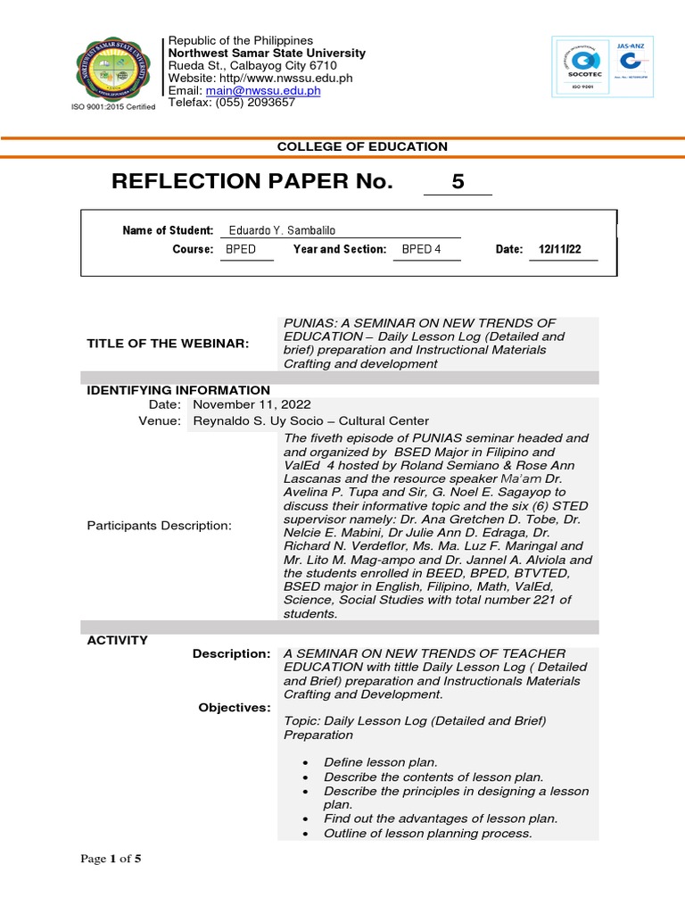 Bped 4 Reflection 5 | PDF | Lesson Plan | Learning