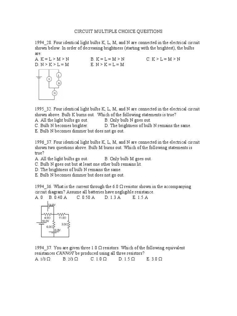 Circuit Multiple Choice Questions Explained | PDF | Series And Parallel Circuits | Resistor