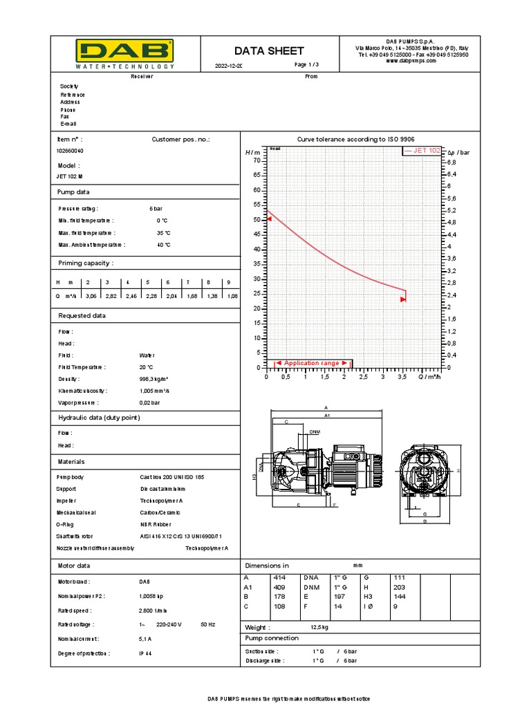 DAB PUMPS JET 102 M Technical Data Sheet | PDF | Pump | Fluid Dynamics