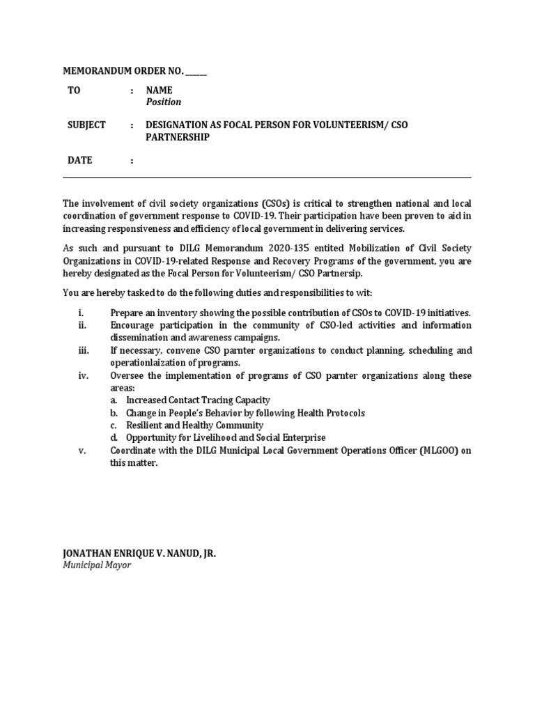 EO Mun Focal Person CSO Partnership | PDF