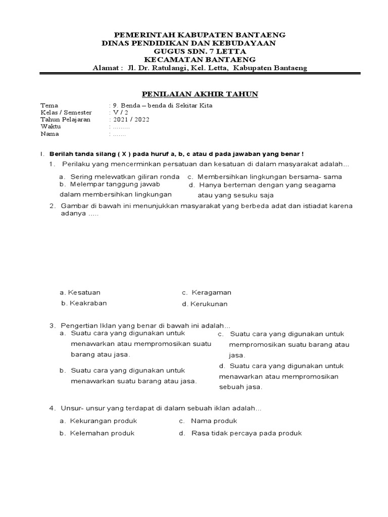 Soal Pat Revisi Kelas 5 Tema 9. SD 10 | PDF