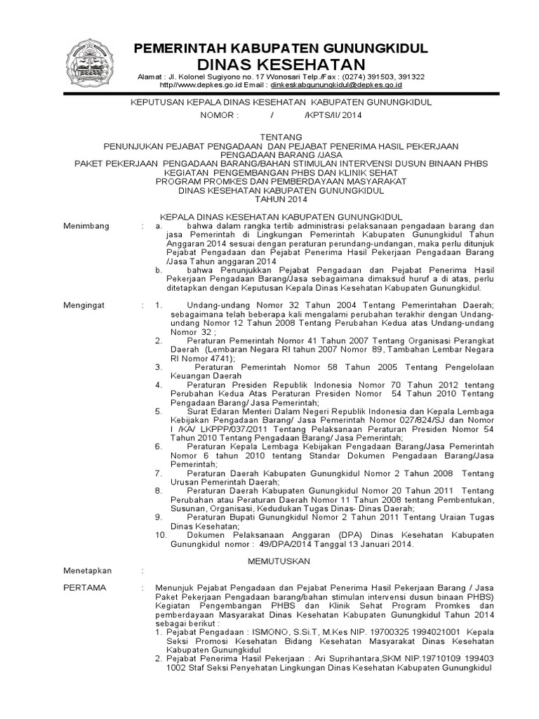 Contoh SK Pejabat Pengadaan Belanja Bahan Baku Bangunanan STBM PIWK ...