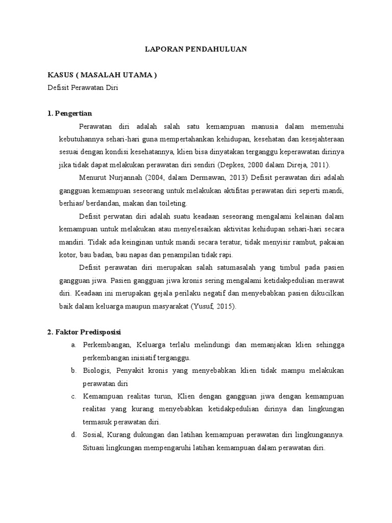 Laporan Pendahuluan Defisit Perawatan Diri | PDF | Pengembangan Diri