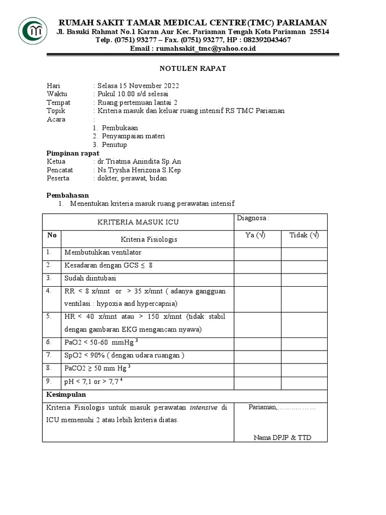 Notulen Rapat Kriteria Masuk Keluar Ruang Intensif | PDF