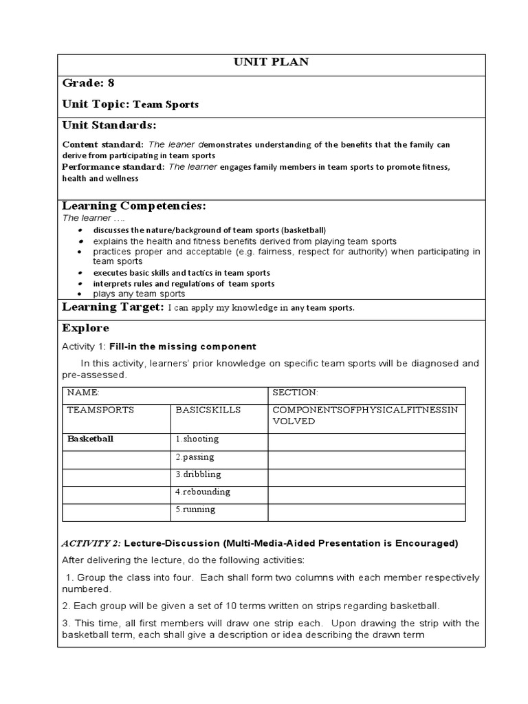 Unit Plan Pe2 | PDF | Learning | Sports