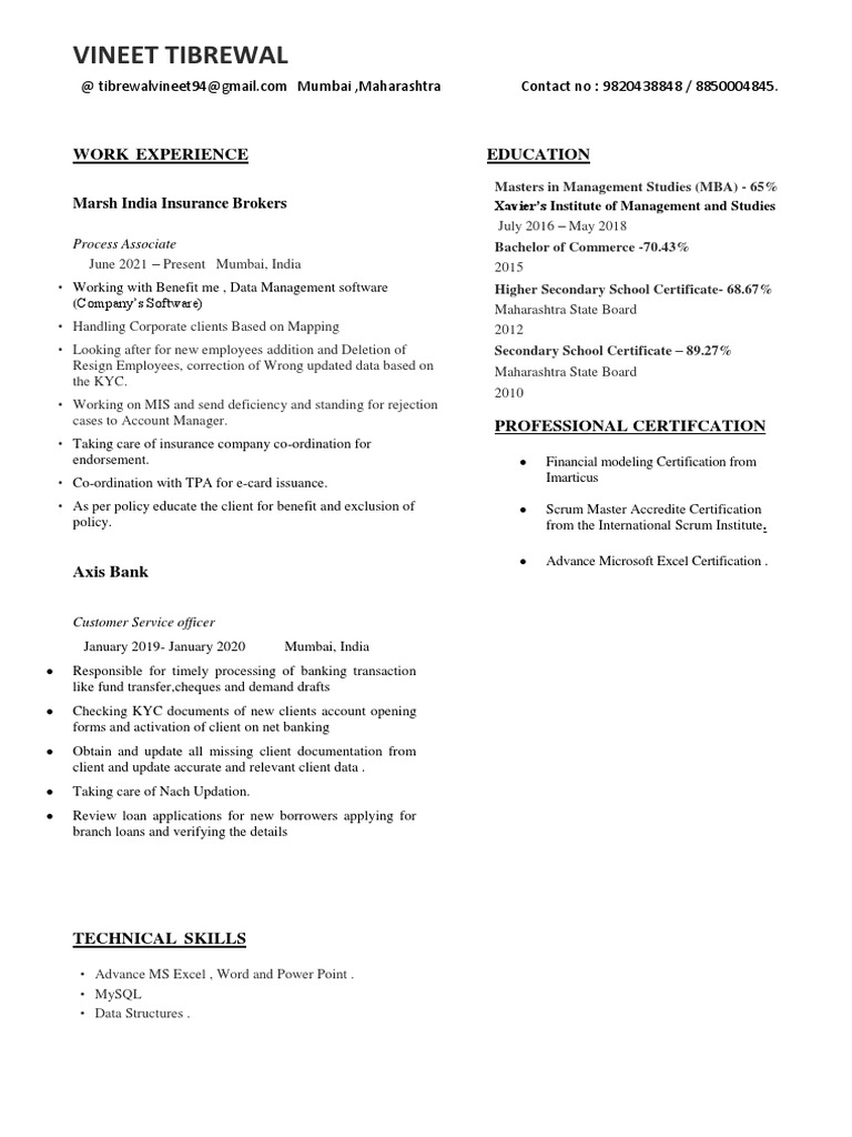 Vineet Tibrewal CV | PDF | Banks | Banking