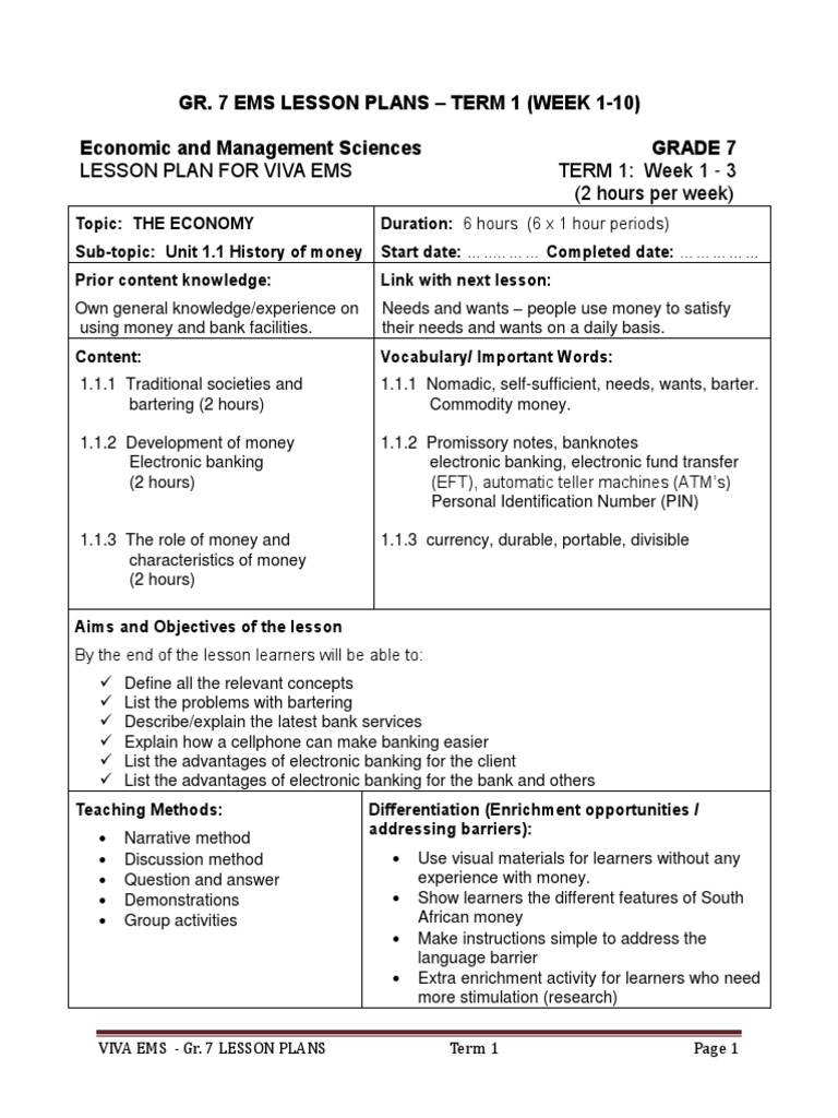 Grade 7 EMS Term 1 Lesson Plans | PDF | Teaching Method | Lesson Plan