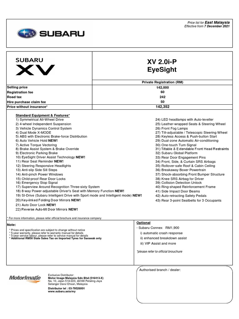 Pricesheet Subaru HM7 - New XV 2.0 I-P EyeSight (EM) 7 Dec'21 | PDF | Steering | Airbag