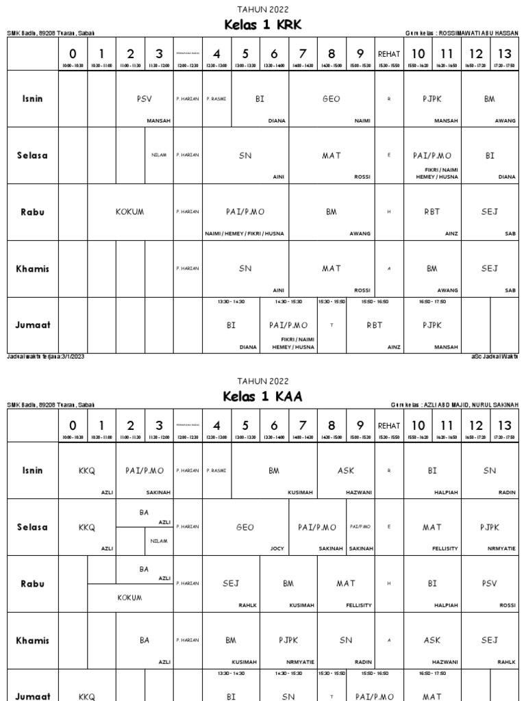 Jadwal Kelas SMK Badin 2022 | PDF
