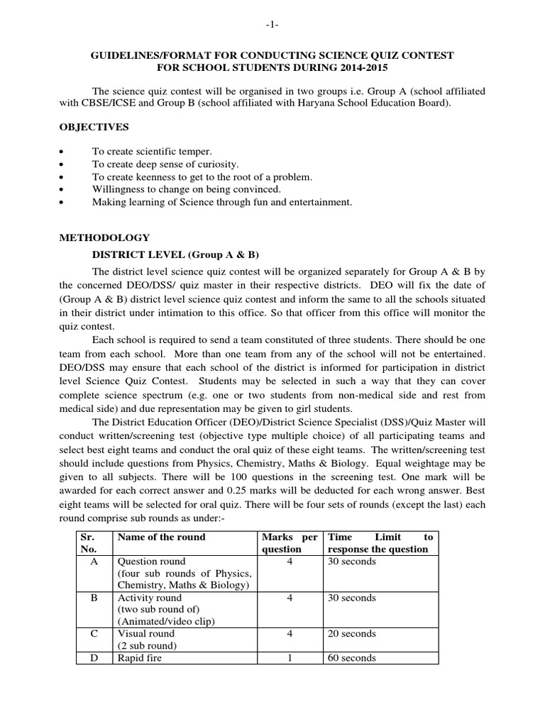 Science Quiz Contest (School) | PDF | Science