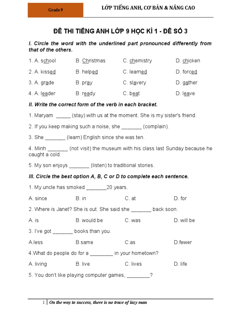 Đề Thi Học Kỳ 1 - L9 - đề 3 | PDF