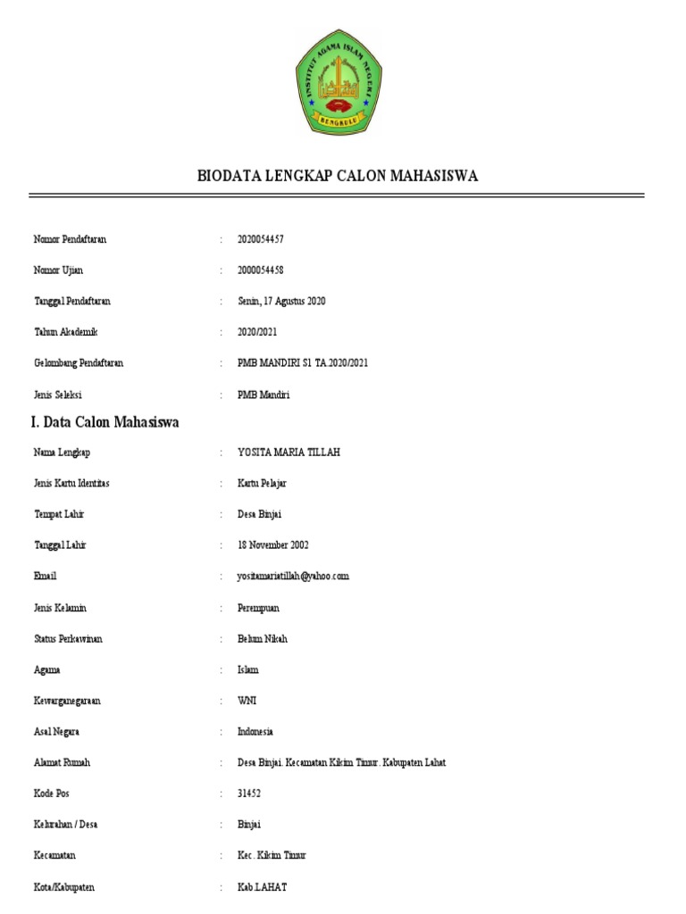 Biodata Calon Mahasiswa 05 September 2020 | PDF