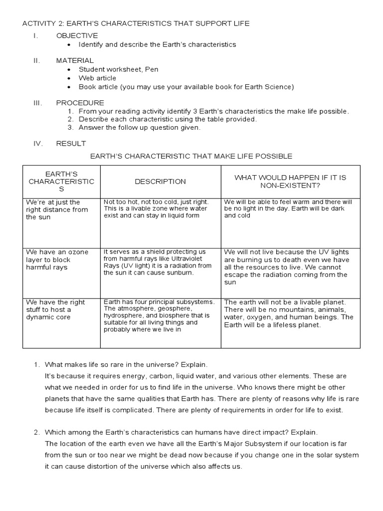 Activity 2 Earths Characteristics That Support Life | PDF | Earth | Life