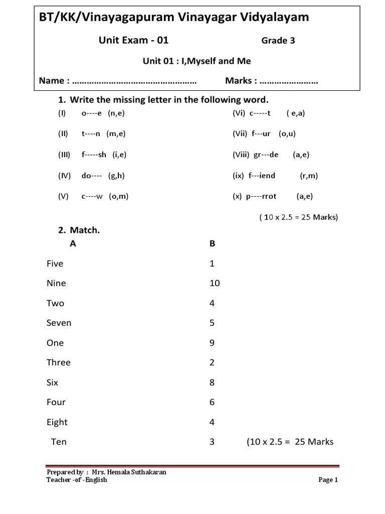 Grade 3 Unit Exam Papers | PDF | Classroom