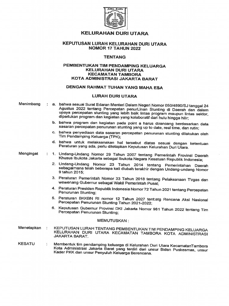 SK LURAH Duri Utara Tim Pendamping Keluarga Kelurahan Duri Utara | PDF