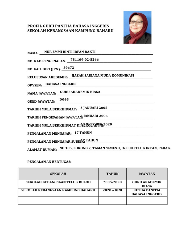Borang Profil Guru Panitia Pdf
