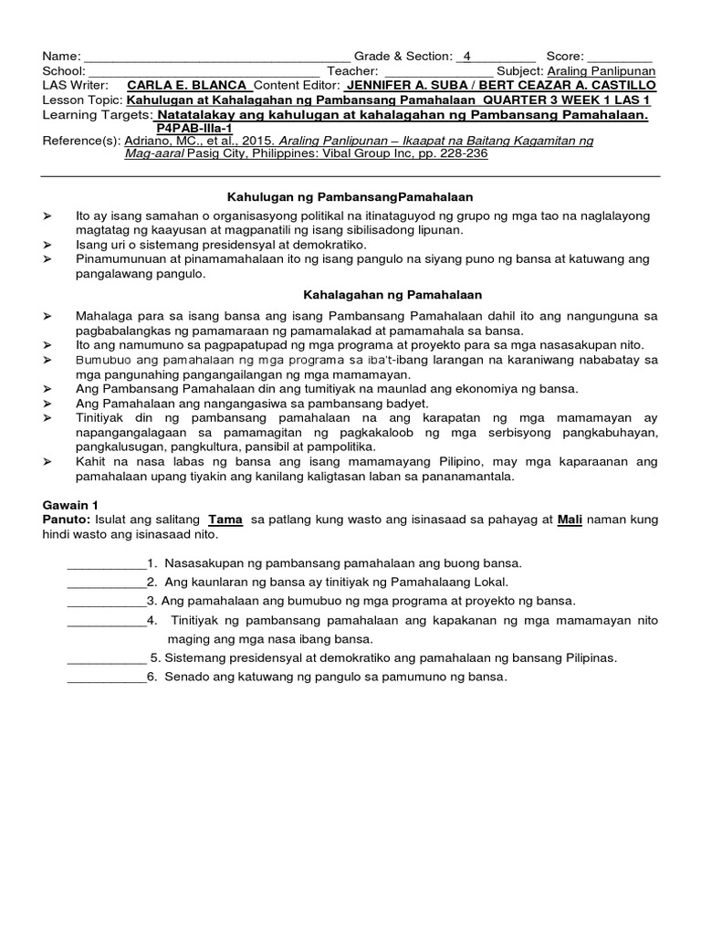 Ap 4 Quarter 3 Week 1 Las 1 | PDF