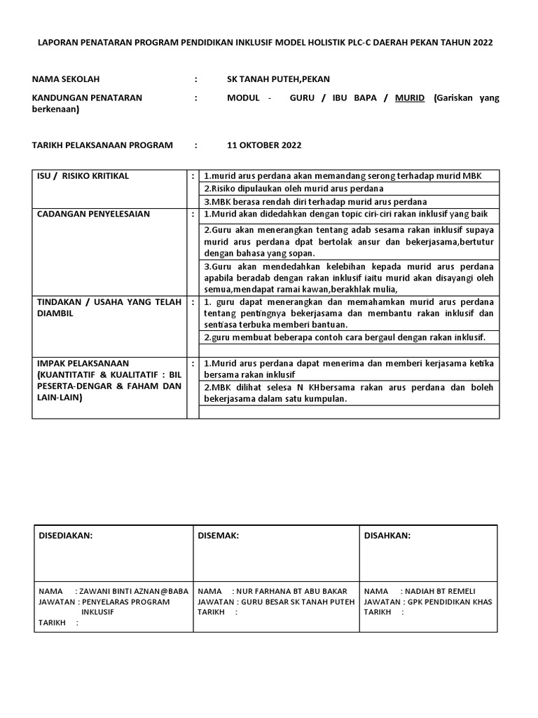 Laporan Penataran Program Pendidikan Inklusif Model Holistik PLC | PDF