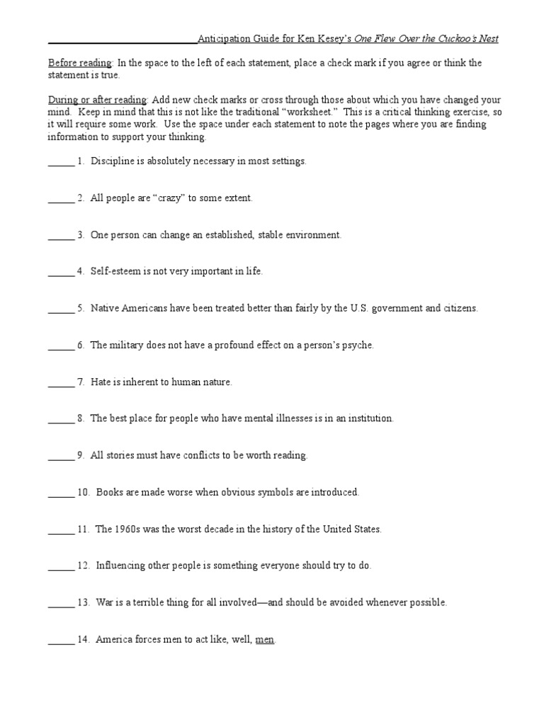 Cuckoos Nest Anticipation Guide | PDF