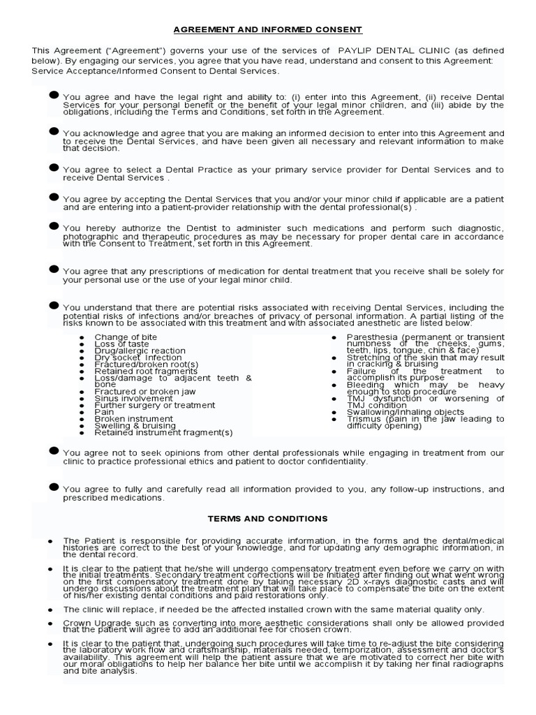 Agreement and Informed Consent | PDF | Dentistry | Informed Consent