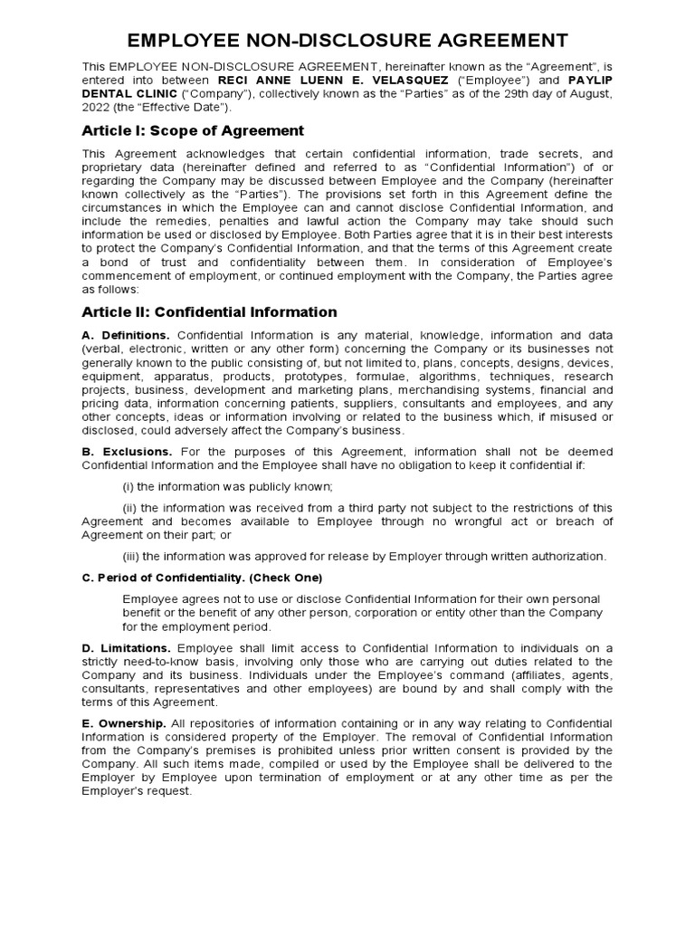 Employee Non Disclosure Agreement NDA | PDF | Non Disclosure Agreement ...