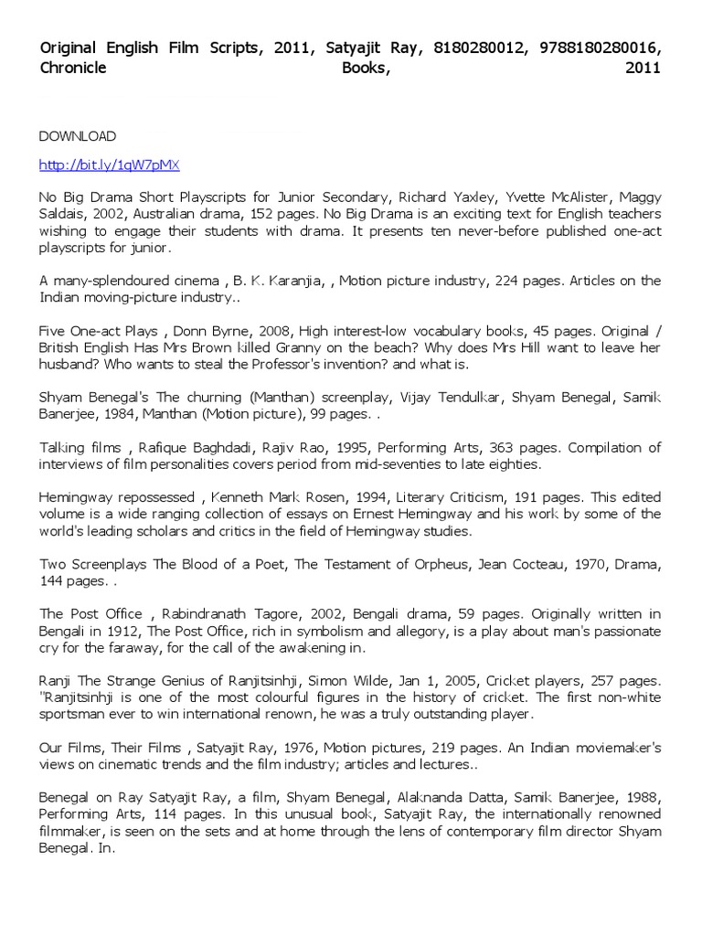 Original English Film Scripts 2011 Satyajit Ray English Film Scripts ...