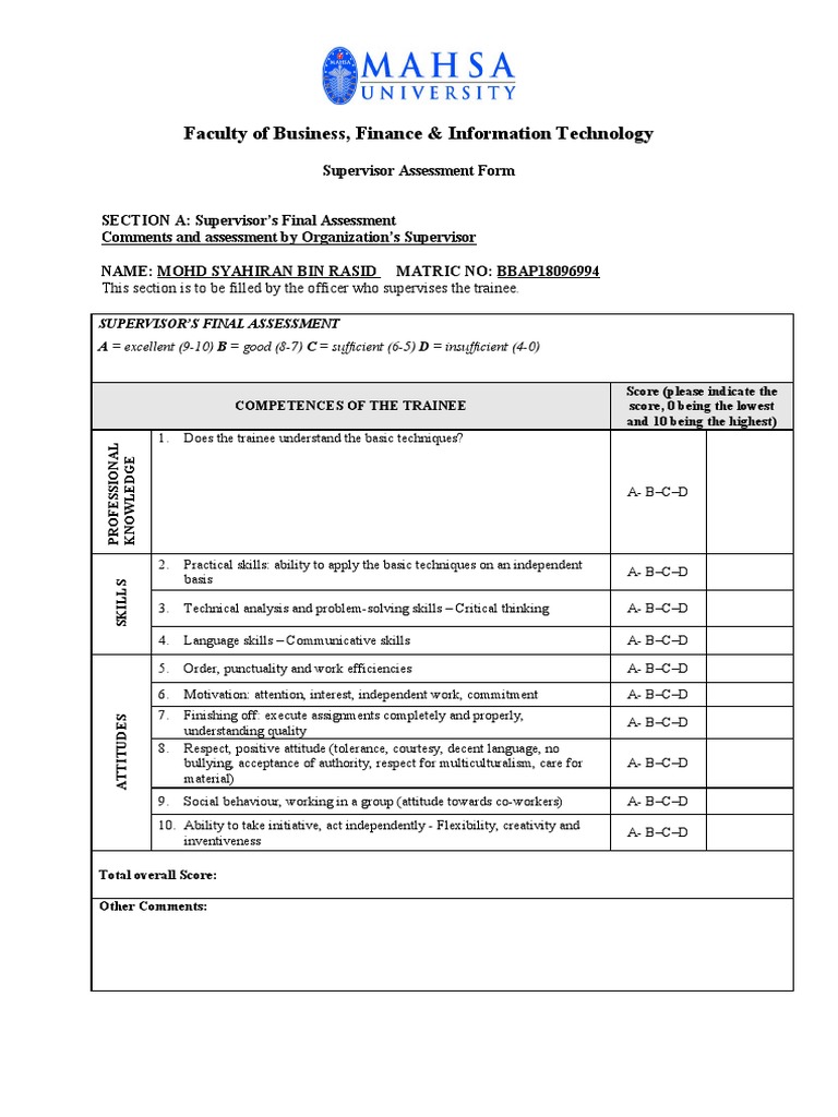 Supervisor Assessment Form Template | PDF | Skill | Cognition