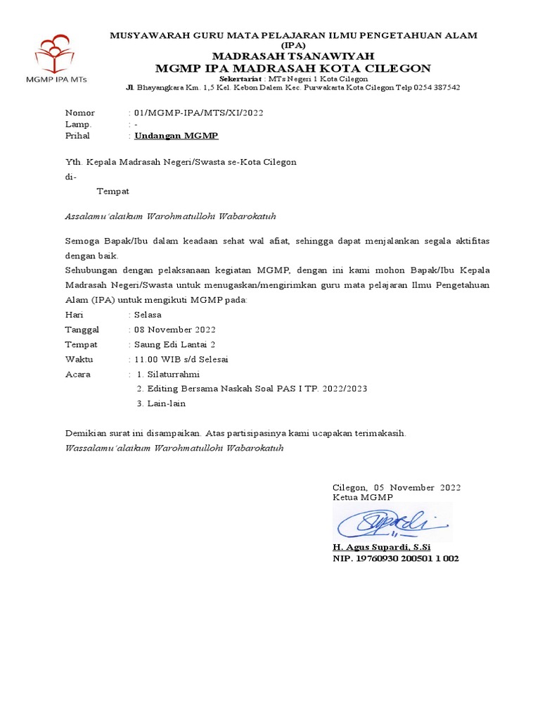 Surat Undangan MGMP 2022 | PDF