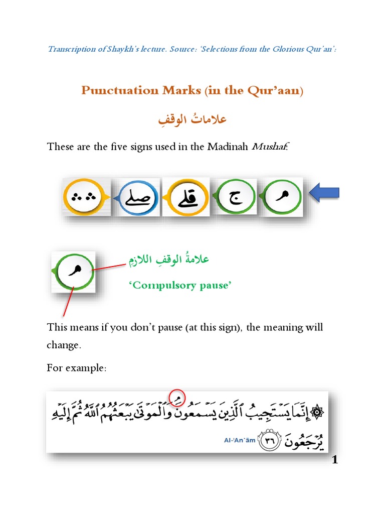 Quranic Punctuation Marks Explained | PDF | Language Arts & Discipline