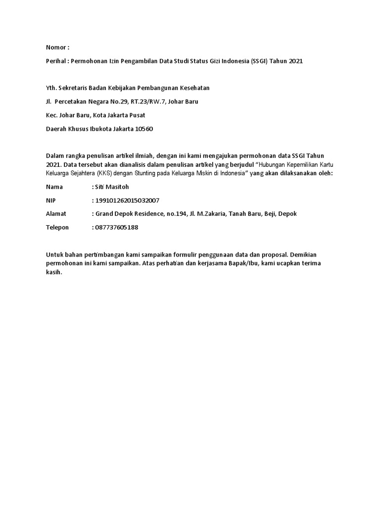Draft Surat Permintaan Data SSGI - BRIN | PDF