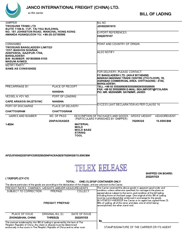 HBL电放-TELEX RELEASE (中山) - JZHS22001815 - 20220802102328 | PDF | Bill ...