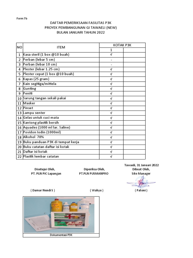 Form 7b Pemeriksaan Fasilitas P3K Gi Tawaeli Per 2022 | PDF