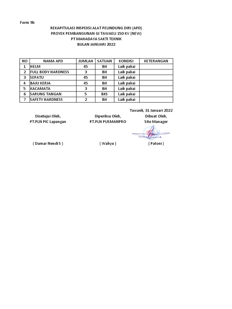 Form 9b Rekapitulasi Inspeksi APD Gi Tawaeli 2022 | PDF
