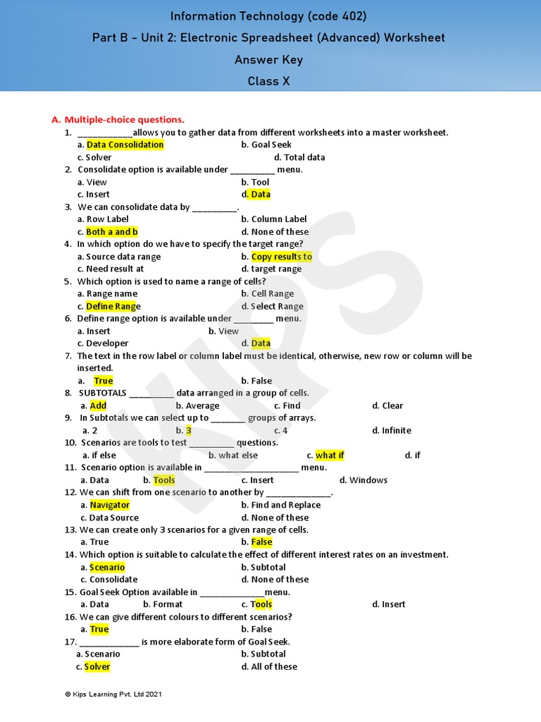 Unit2 Spreadsheets Worksheet MCQsAnsKey ClassX-Part B | PDF ...