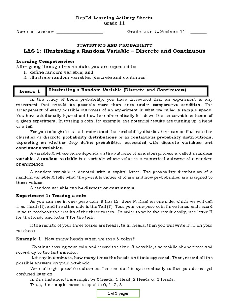 LAS-1-Illustrates-Random-Variables-discrete-and-continuous | PDF