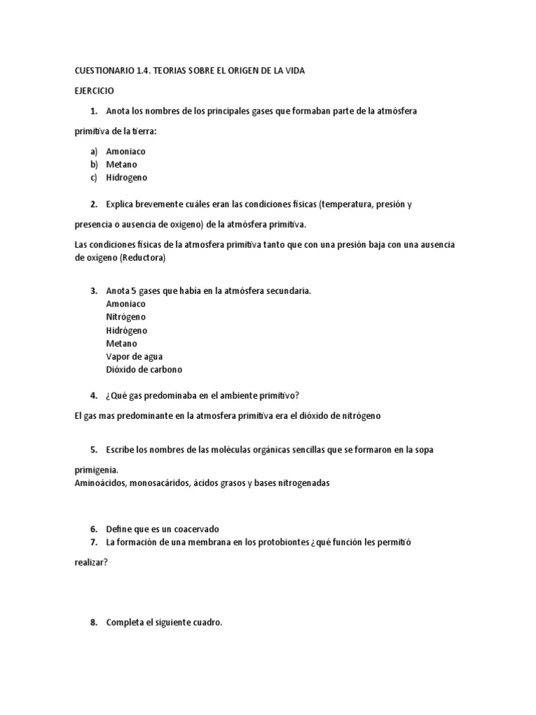 1.4 Cuestionario Teoria Sobre Origen de La Vida | PDF | Arte | Ciencia ...
