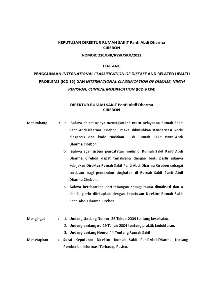 Kebijakan ICD 10 di RS Panti Abdi Dharma | PDF