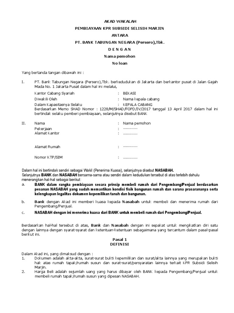 Contoh Akad Wakalah KPR Syariah | PDF