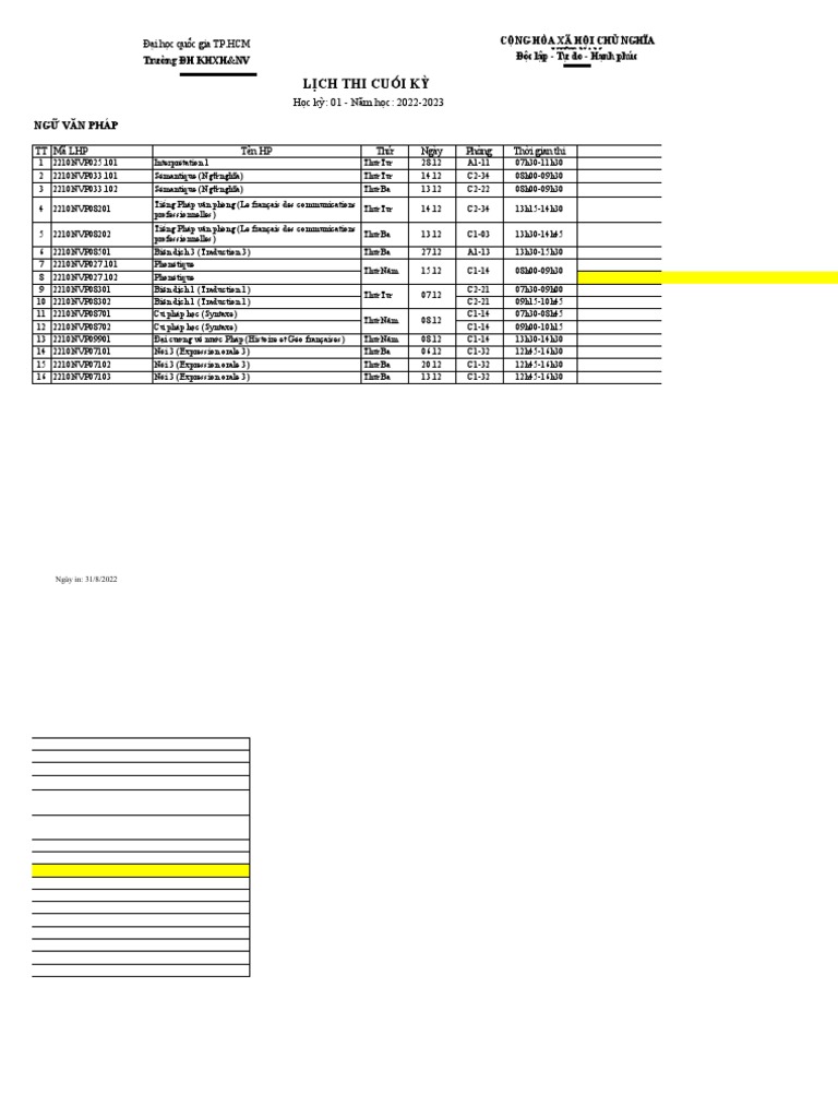 Nvp - Lịch Thi Cki 22-23 | PDF