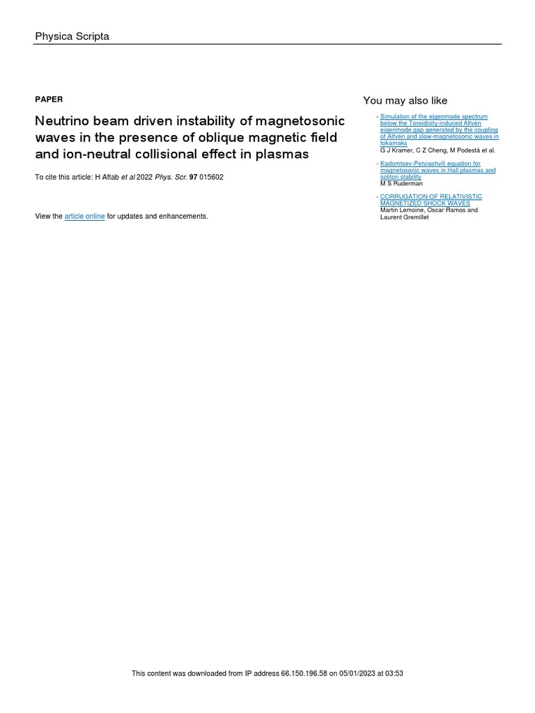 Aftab 2022 Phys. Scr. 97 015602 | PDF | Plasma (Physics) | Neutrino