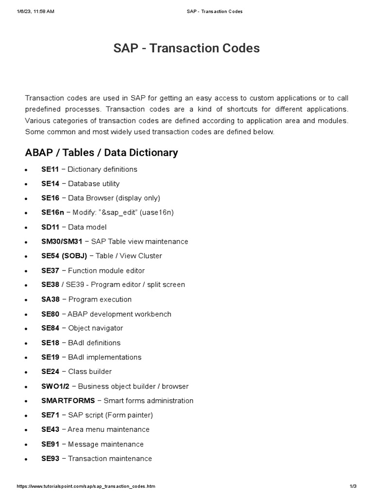 SAP - Transaction Codes | PDF | Databases | Information Technology SAP - Transaction Codes | PDF | Databases | Information Technology