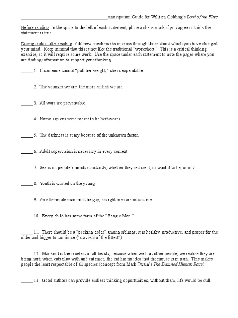 Lord of The Flies Anticipation Guide | Download Free PDF | Id | Psychology